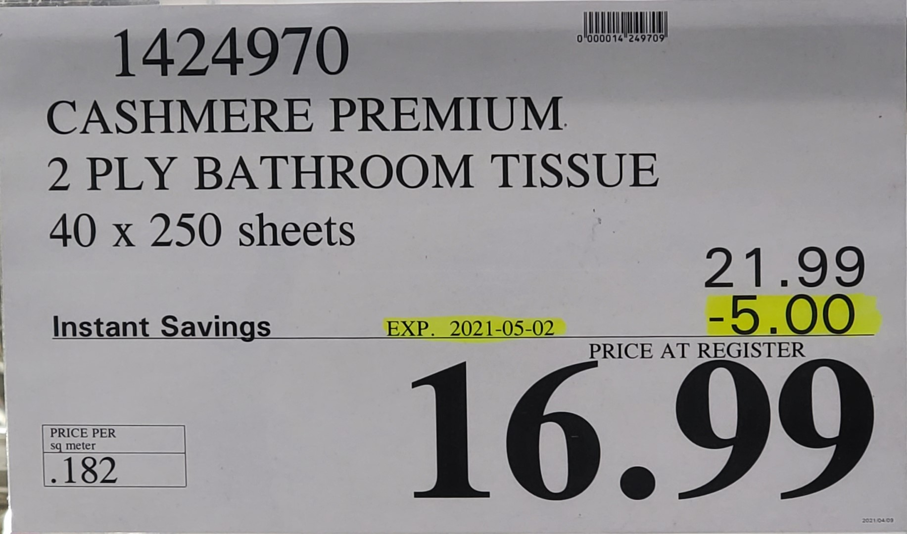 1424970 CASHMERE PREMIUM 2 PLY BATHROOM TISSUE 40 x 250 sheets 5 00 ...