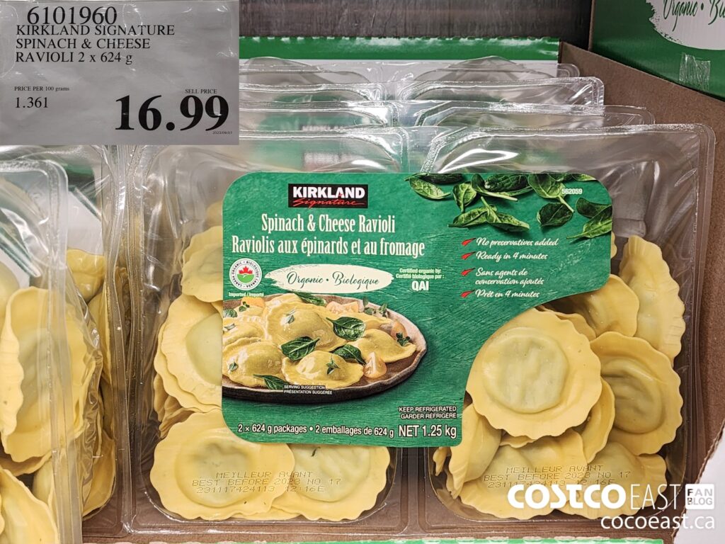 6101960 KIRKLAND SIGNATURE SPINACH CHEESE RAVIOLI 2 x 624 G 16 99 - Costco East Fan Blog