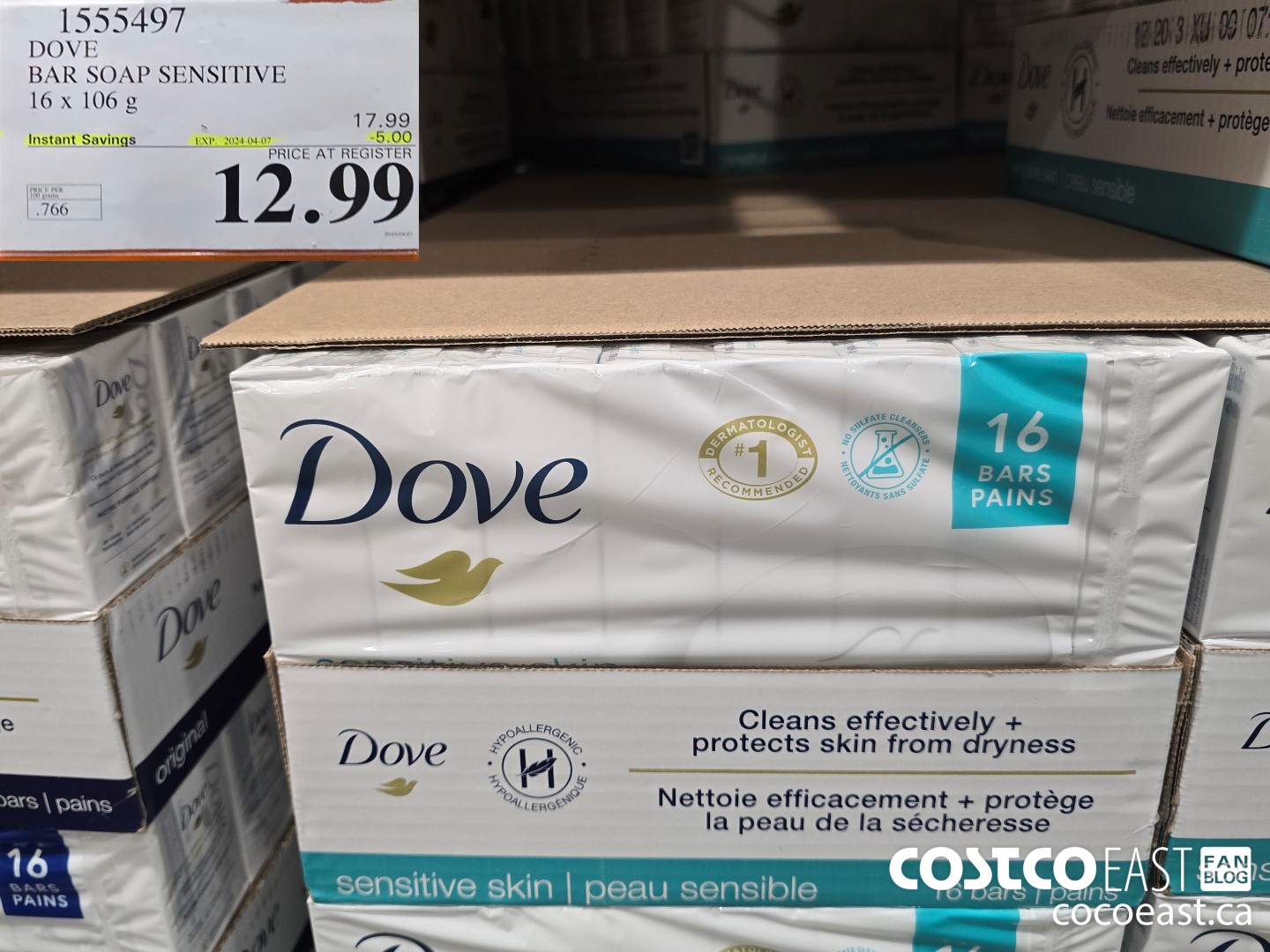 1555497 DOVE BAR SOAP SENSITIVE SKIN 16 x 106 g 5 00 INSTANT SAVINGS EXPIRES ON 2024 04 07 12 99 Costco East Fan Blog